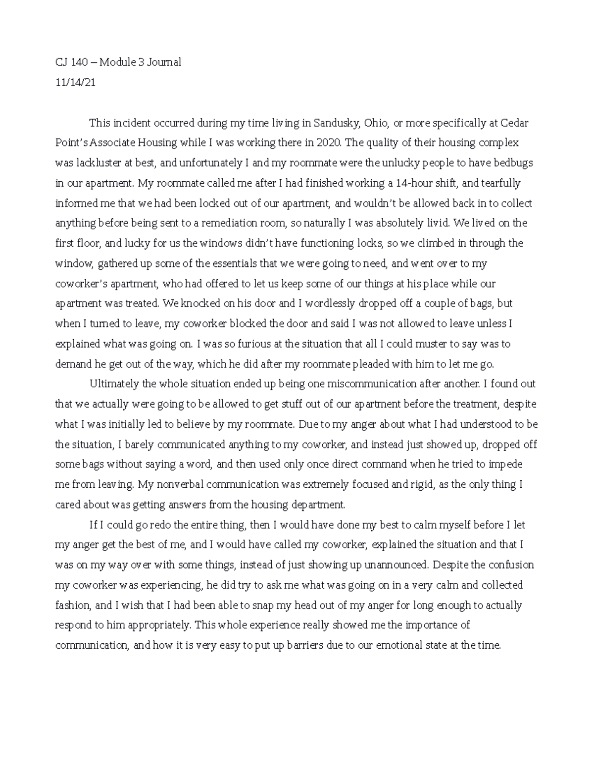 CJ 140 Module 3 Journal - We were asked to explain about a time when ...