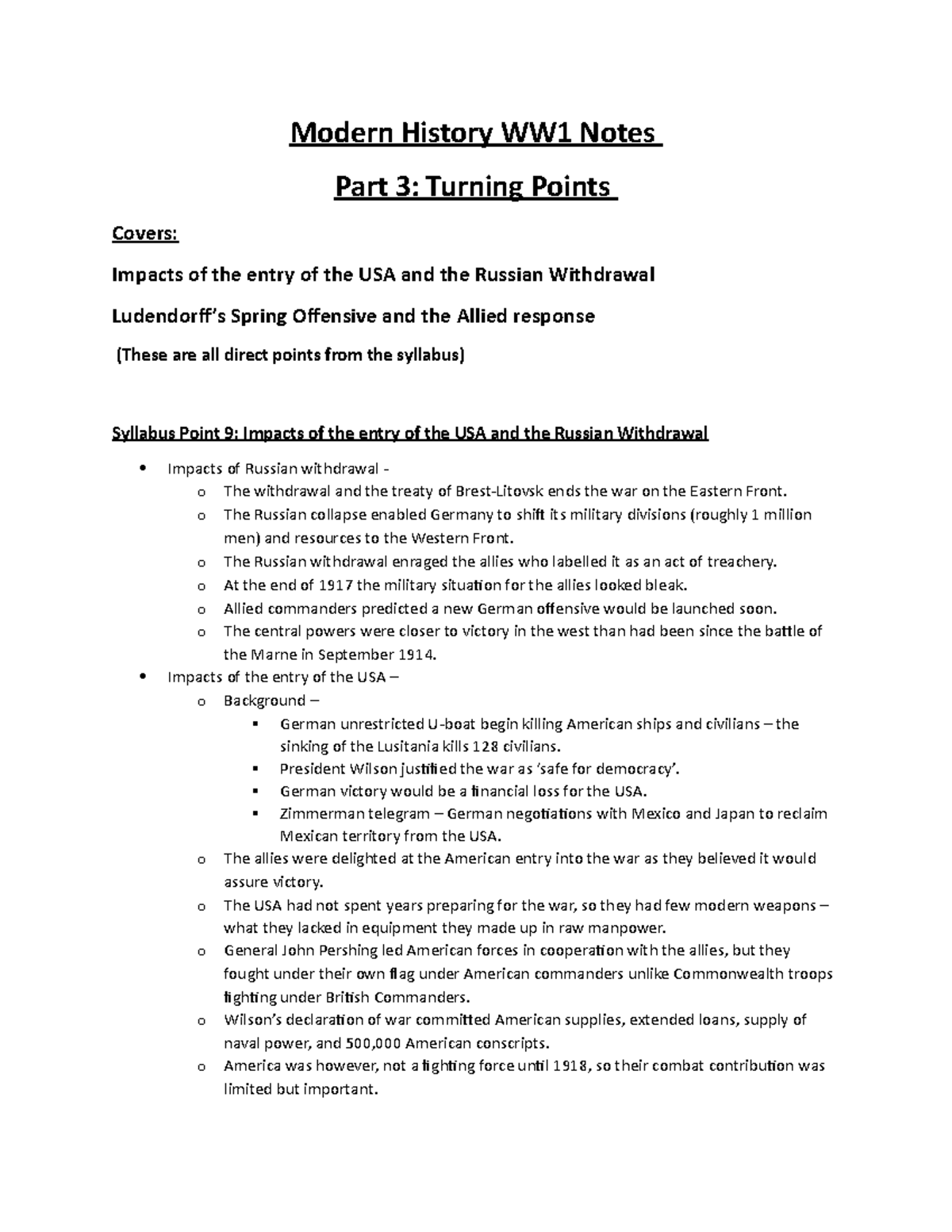 WW1 - Turning Points - Modern History WW1 Notes Part 3: Turning Points ...