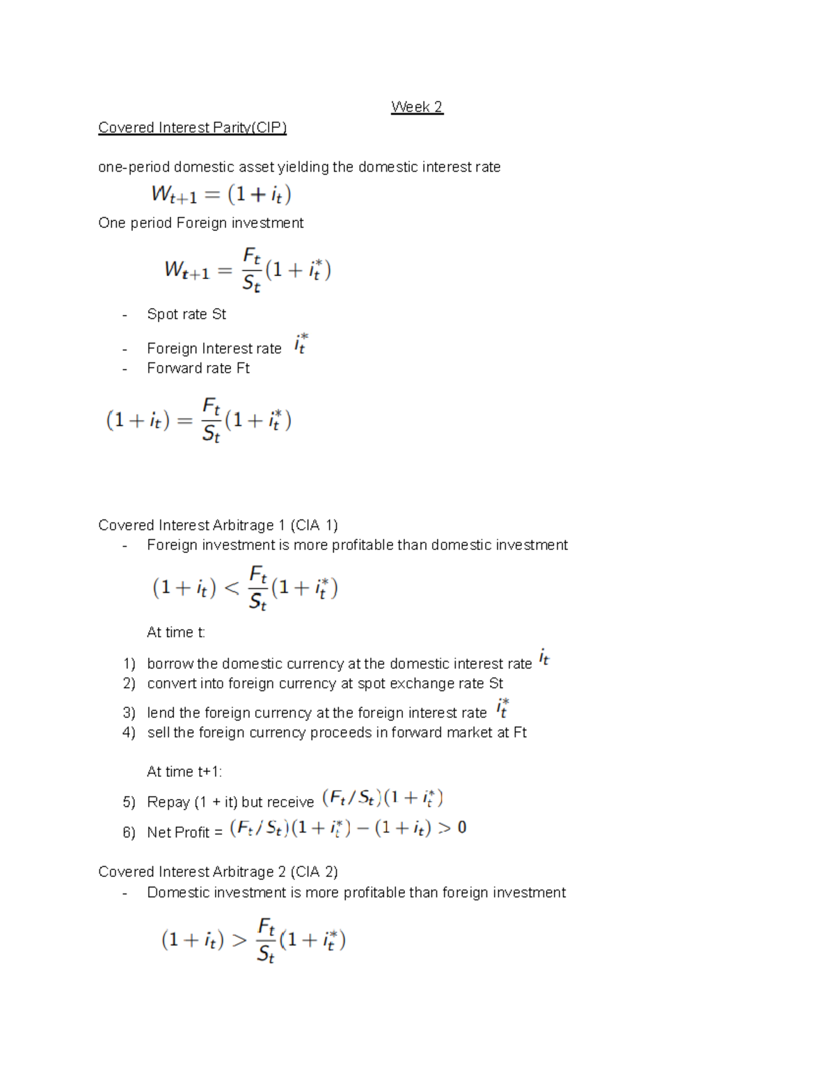 Week 2 IFM Formula - Week 2 Covered Interest Parity(CIP) one-period ...