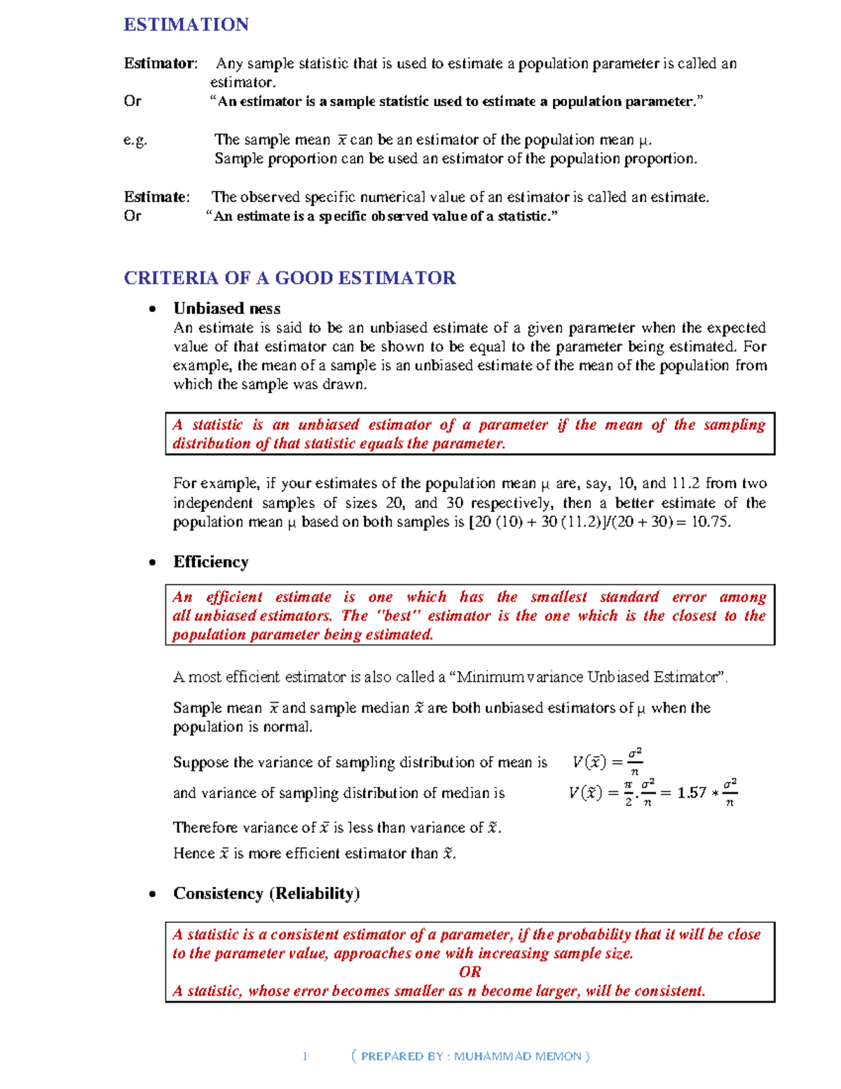 Estimation - Lecture notes 1 - ESTIMATION Estimator: Any sample ...