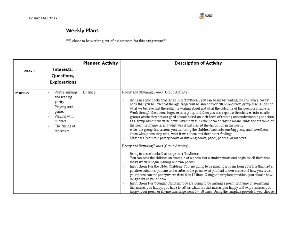 Weekly Plan, Before and After School - Weekly Plans I chose to be ...