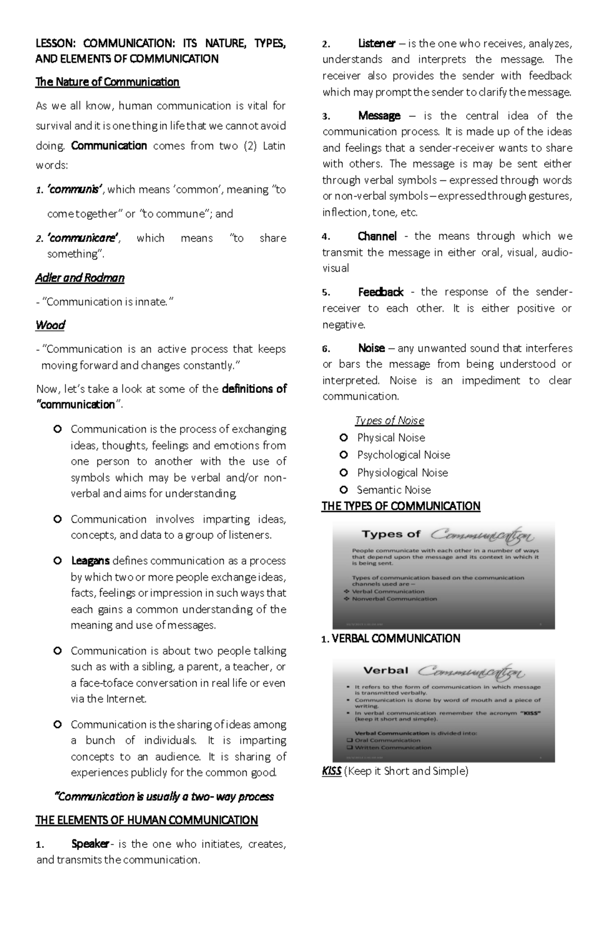 Reviewer for midterm in purposive communication - LESSON: COMMUNICATION: ITS NATURE, TYPES, AND ...
