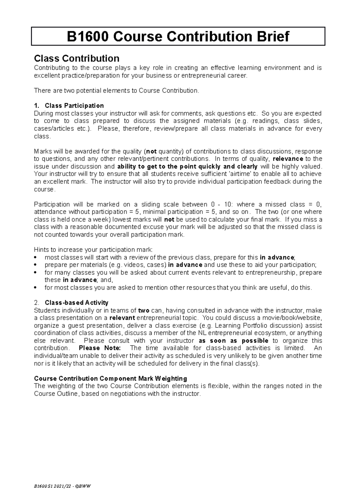 B1600 - Course Contribution Brief-S1 2021-22 - B1600 Course ...