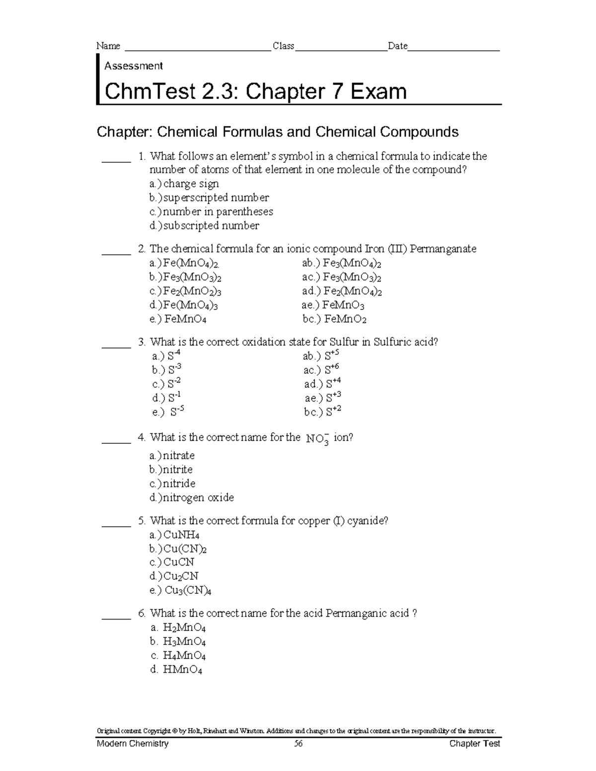 Chm Chapter 7 Practice - Original content Copyright © by Holt, Rinehart ...