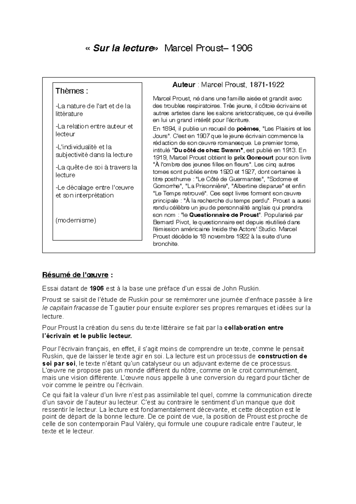 Sur la lecture- Proust - « Sur la lecture» Marcel Proust– 1906 Résumé ...