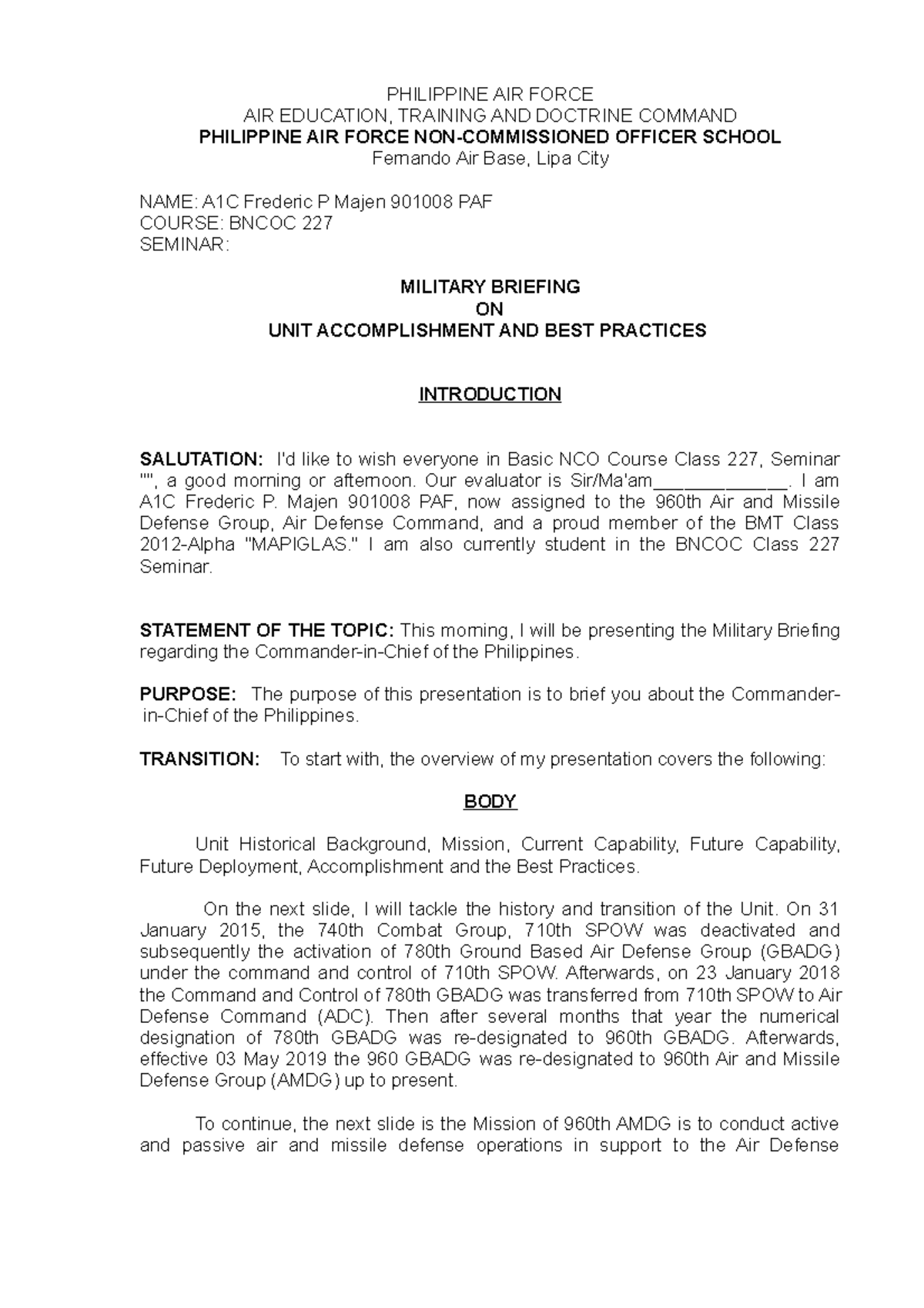 Military Briefing A manuscript Sgt Limuel A Ramos - PHILIPPINE AIR ...