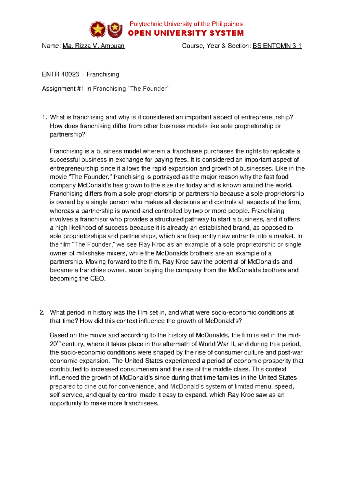 Franchising 2 - Name: Ma. Rizza V. Ampuan Course, Year & Section: BS ...