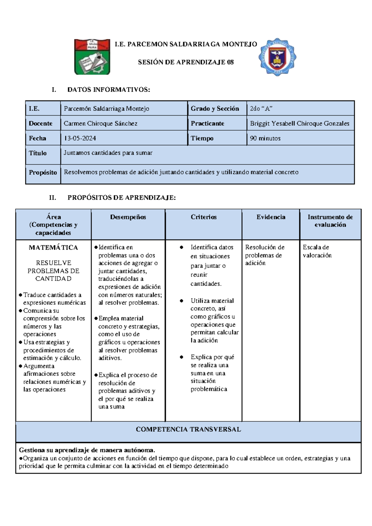 Sesión 08 juntamos cantidades - I. PARCEMON SALDARRIAGA MONTEJO SESIÓN ...