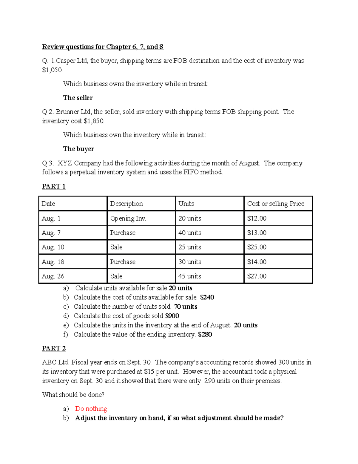 Review questions for Chapter 6, 7, 8 Super Quiz - Review questions for ...