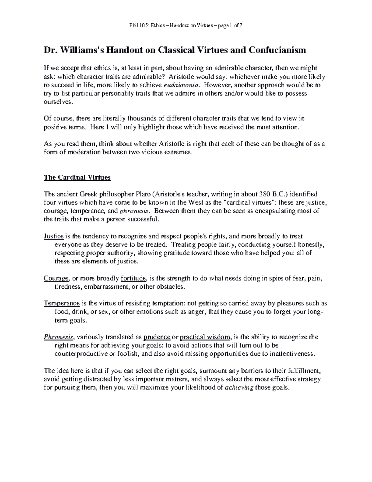 Handout on Virtues - Reading Assignment - Dr. Williams's Handout on Classical Virtues and - Studocu
