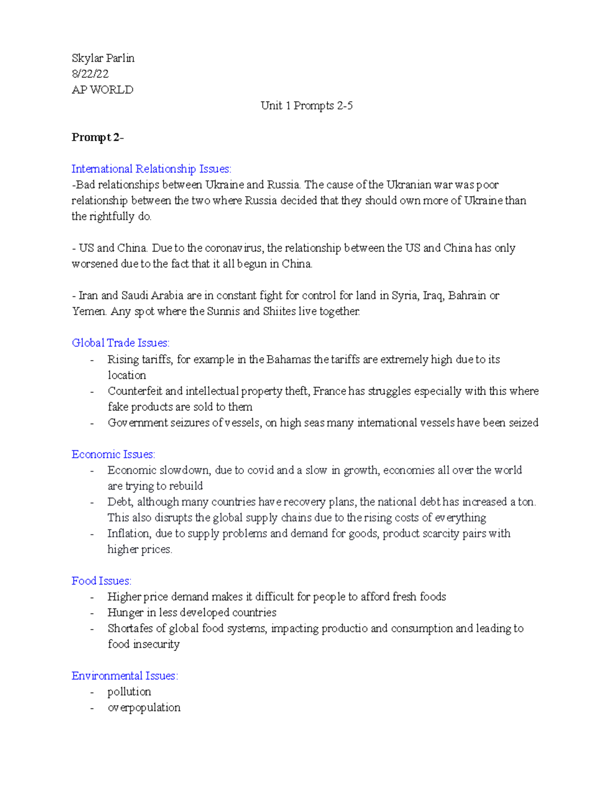 AP Unit 1 Prompts 2-5 - Skylar Parlin 8/22/ AP WORLD Unit 1 Prompts 2 ...