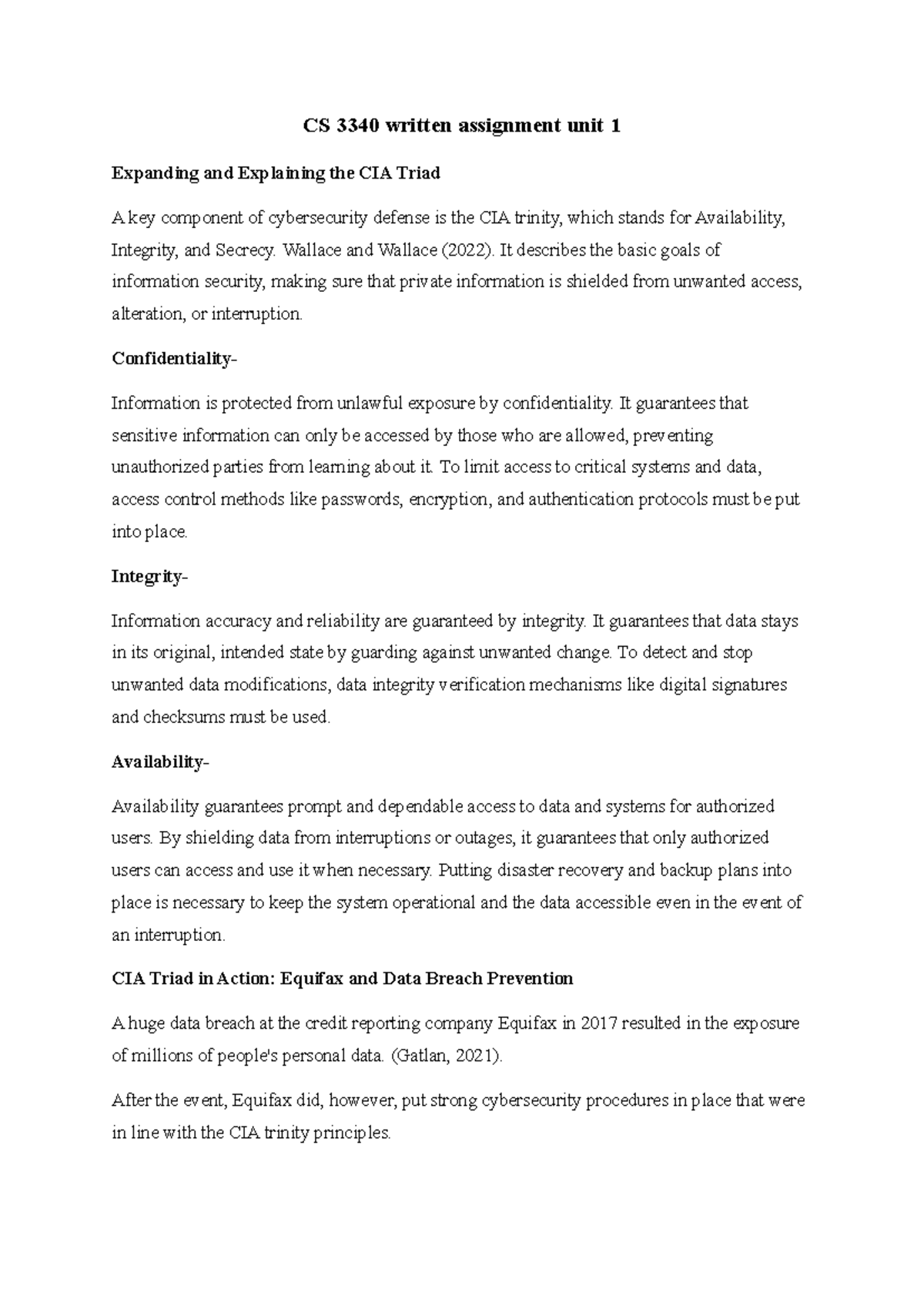 CS 3340 written assignment unit 1 - Wallace and Wallace (2022). It describes the basic goals of ...