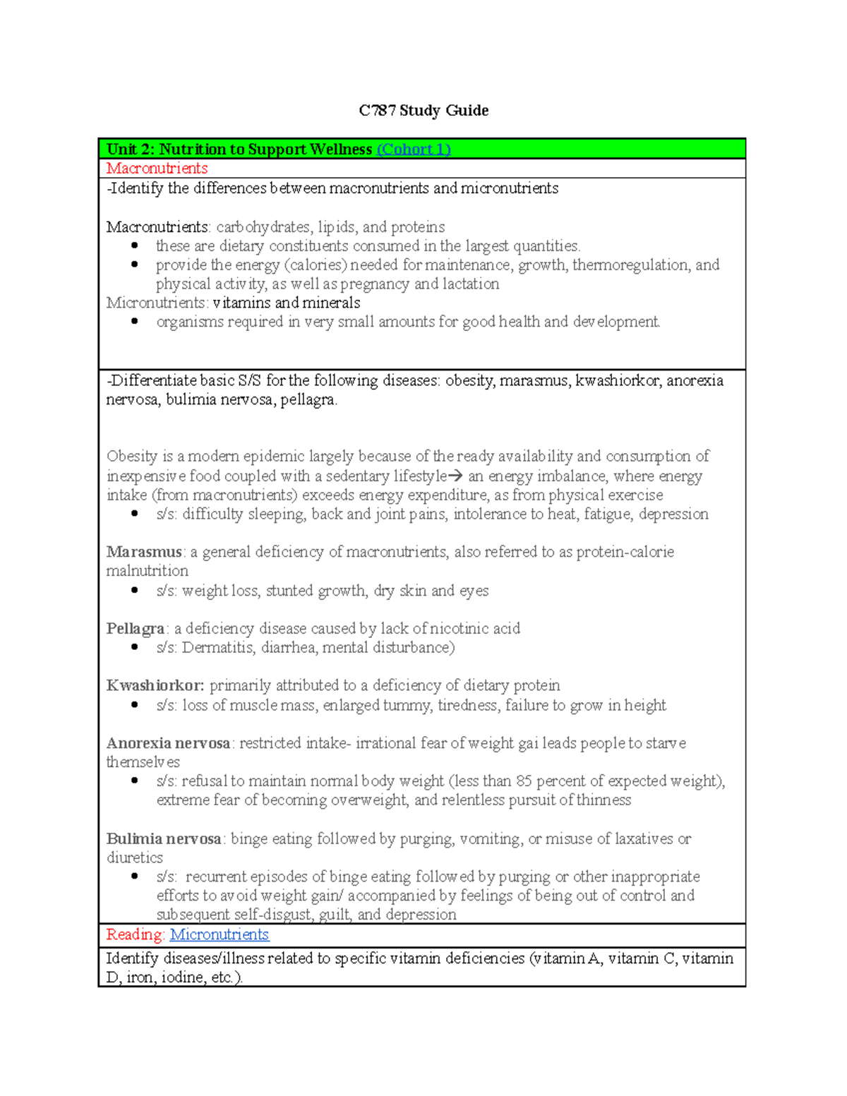 Study guide nursing nutrition - C787 Study Guide Unit 2: Nutrition to ...