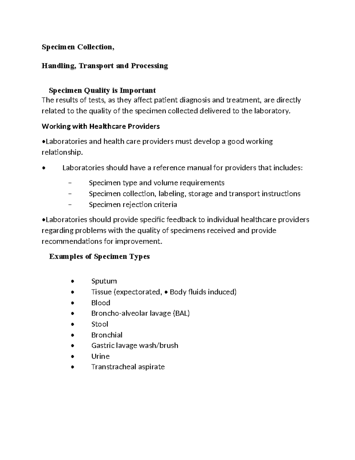 Specimen Collectio 1 - medical notes - Specimen Collection, Handling ...