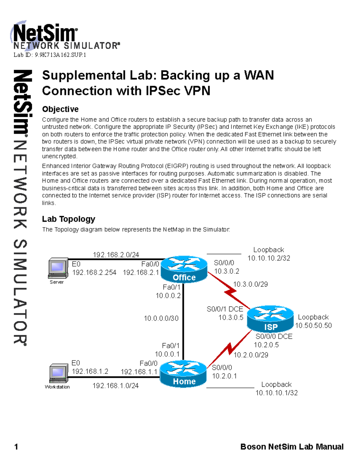 Supplemental Lab- Backing up a WAN Connection with IPSec VPN ...
