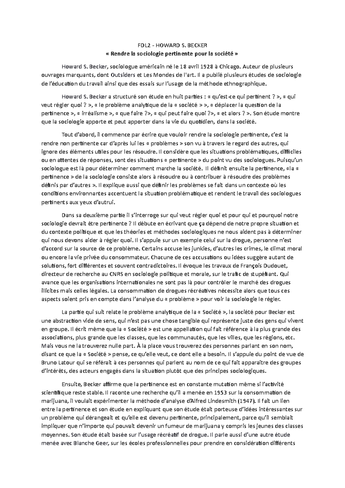 FDL2 - BECKER - FDL2 - HOWARD S. BECKER « Rendre la sociologie ...