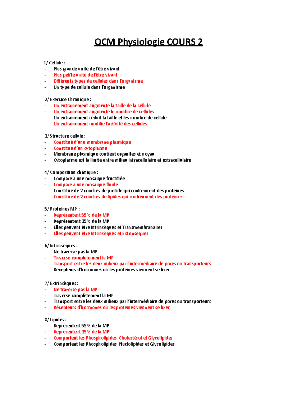 QCM physiologie MAIL 2 - biologie - QCM Physiologie COURS 2 1/ Cellule ...