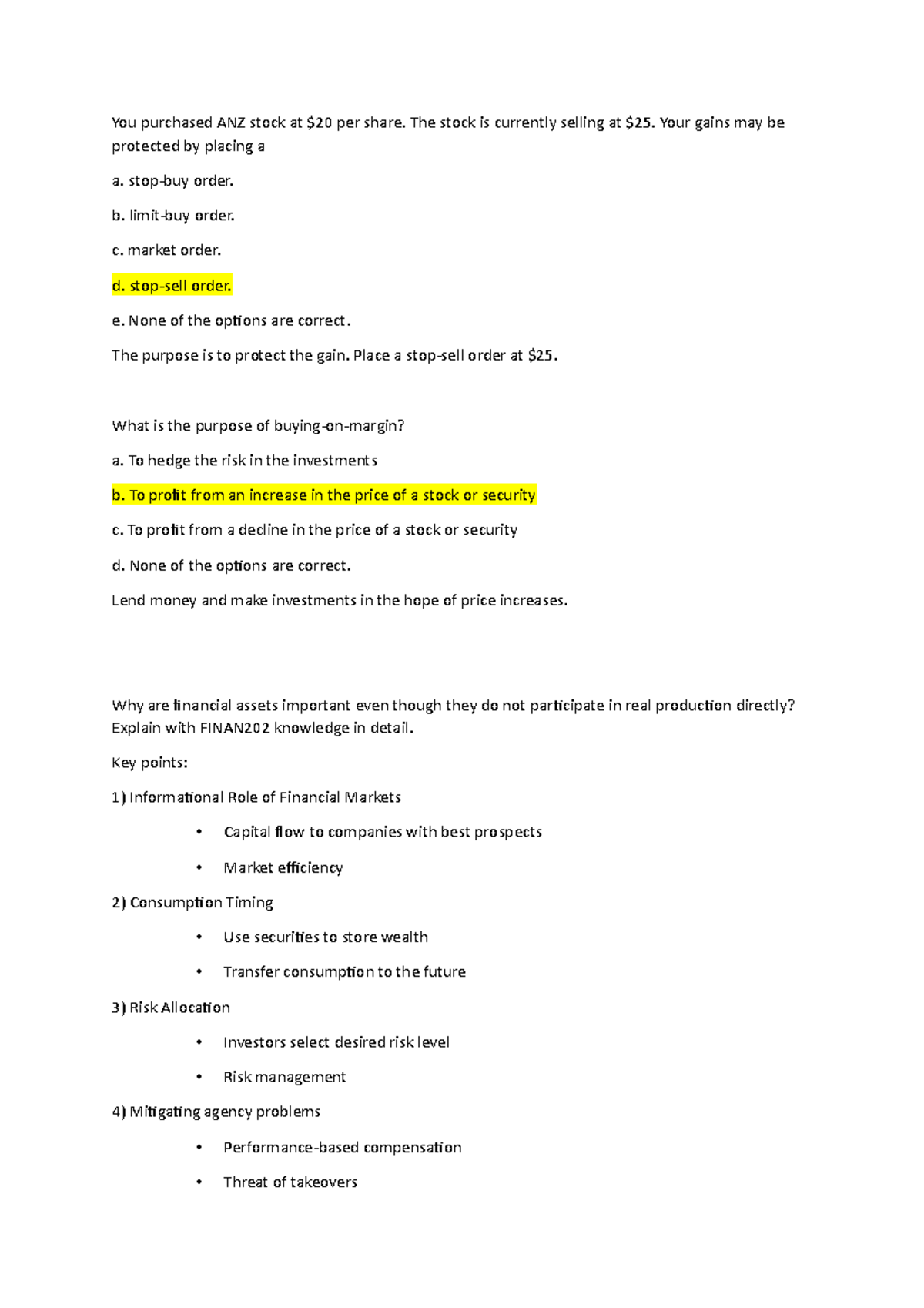 FINAN202 Tutorial Solutions - You purchased ANZ stock at $20 per share ...