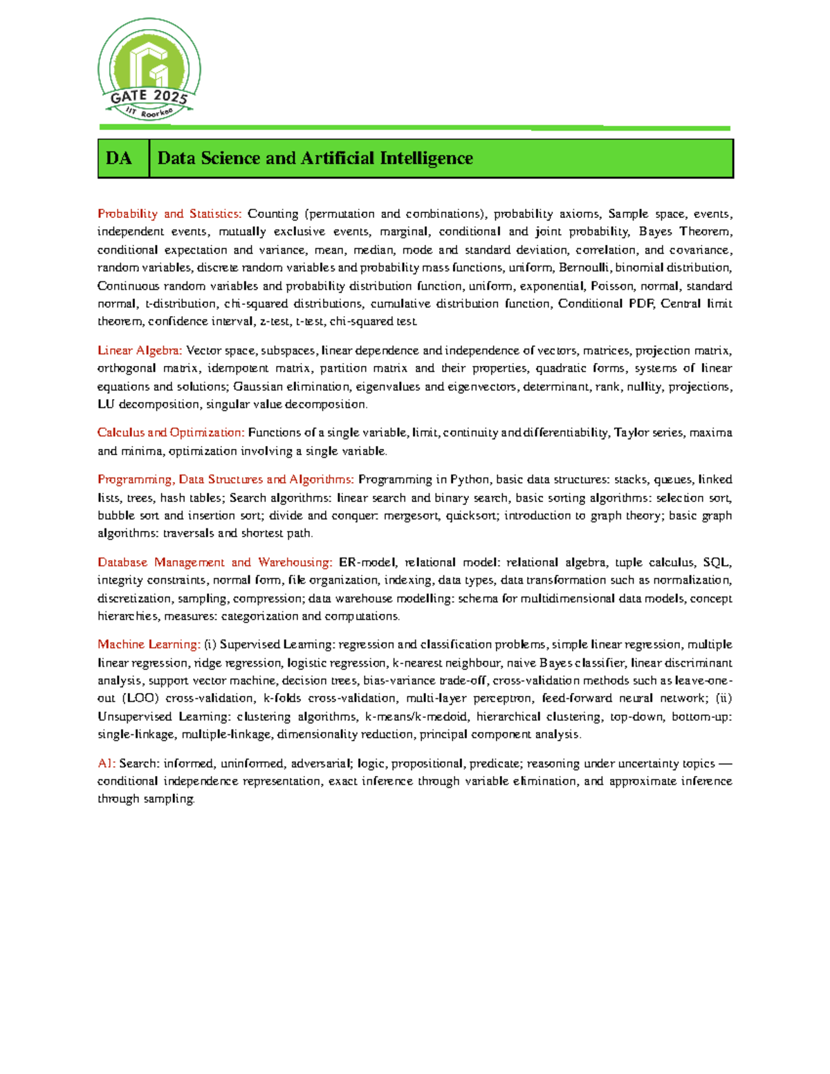 GATE DA 2025 Syllabus - DA Data Science and Artificial Intelligence ...
