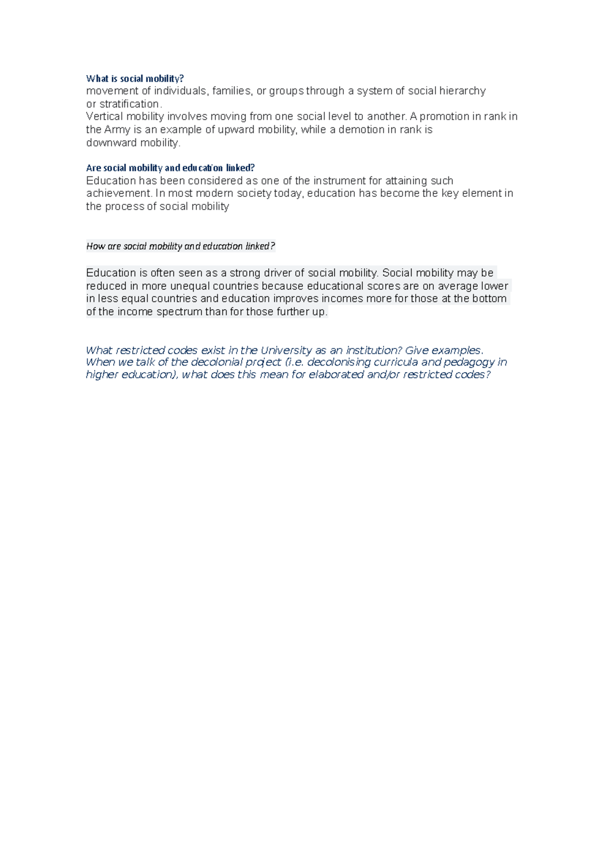 Social mobility. Tutorial Reading Questions. - What is social mobility ...