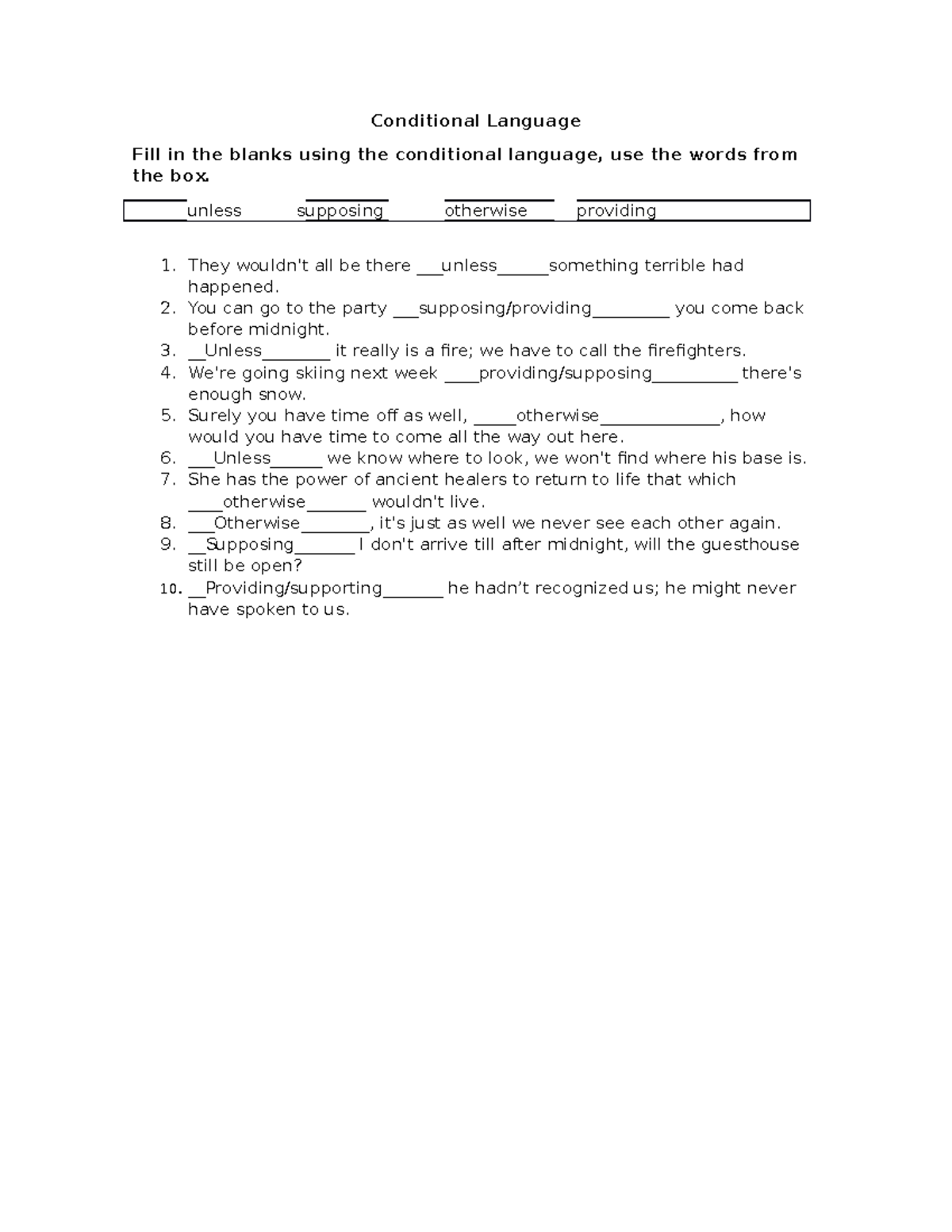 Activity, Conditional Language - Conditional Language Fill in the ...