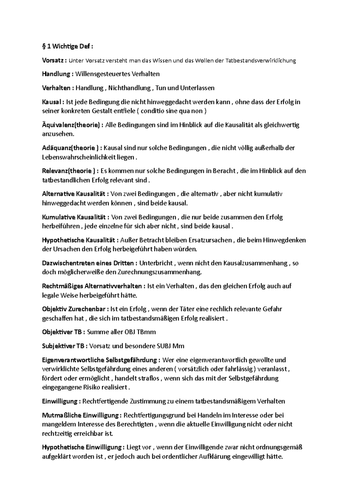 Strafrecht Schema+Definitionen - § 1 Wichtige Def : Vorsatz : Unter ...