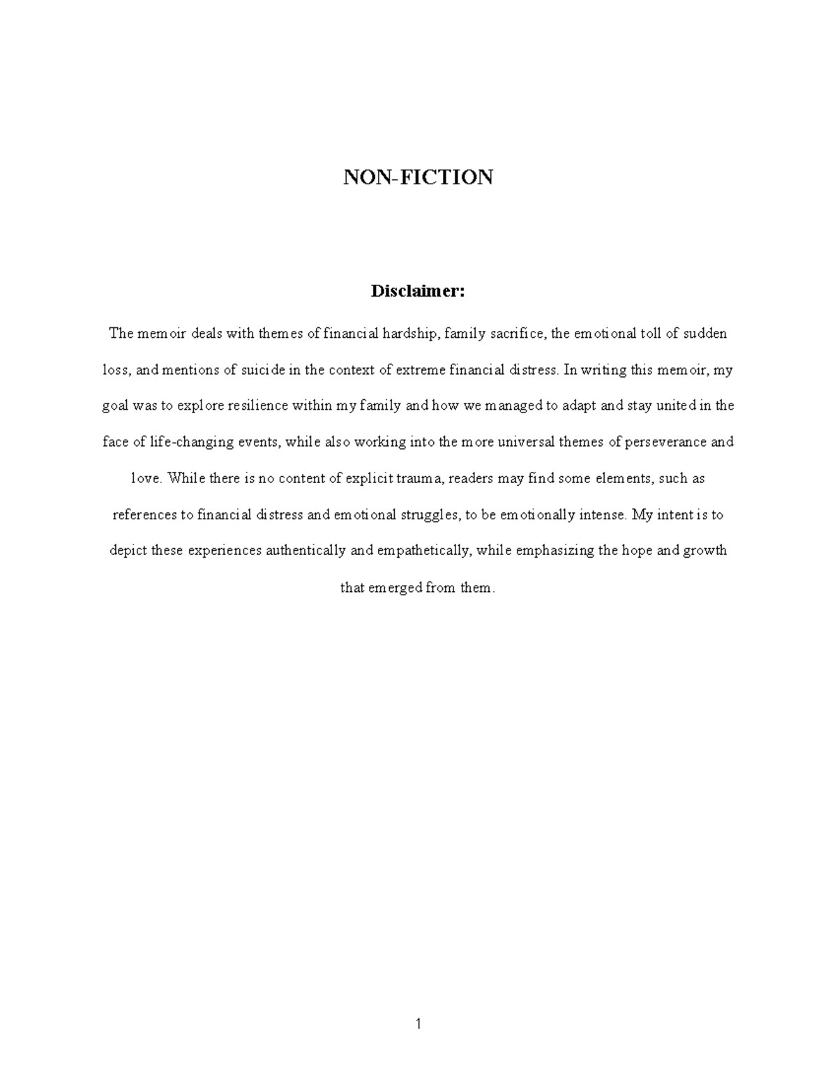 CRWR 200 Assignment 2 - NON-FICTION Disclaimer: The memoir deals with ...