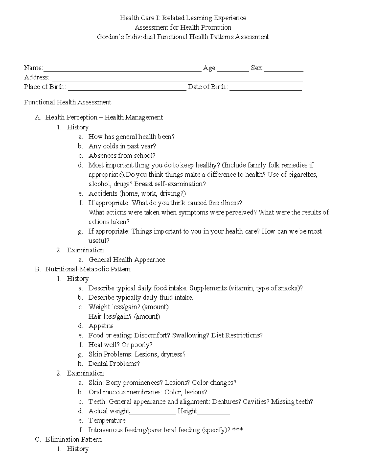 Gordon's guide - Health Care I: Related Learning Experience Assessment ...