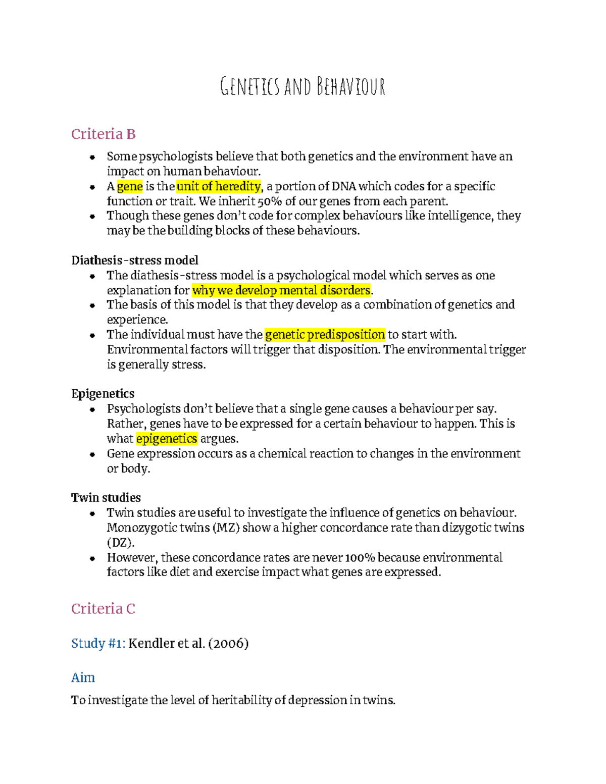 Genetics and behaviour note taking - Genetics and Behaviour Criteria B ...