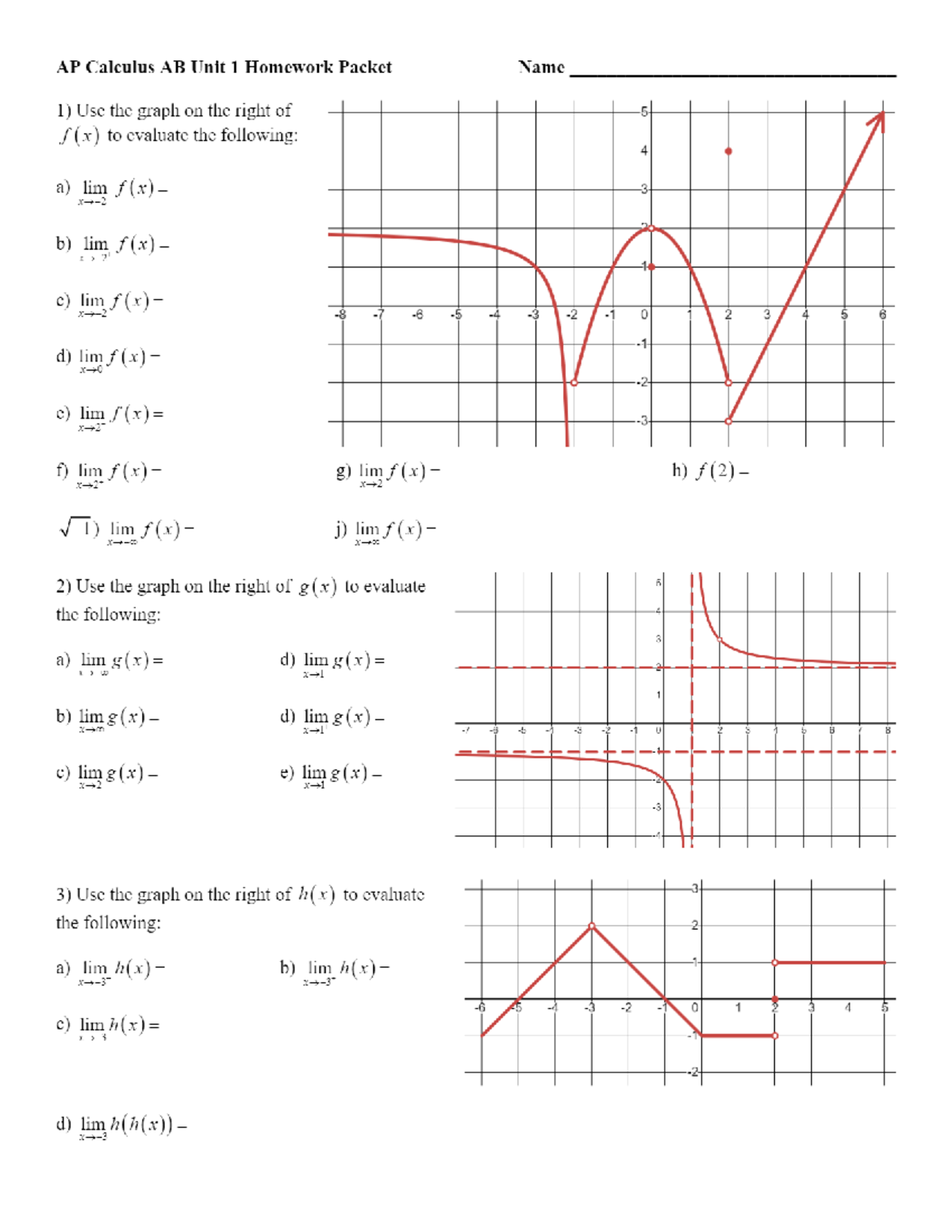 Unit 1 Homework Packet 2024-2025 - AP Calculus AB Unit 1 Homework ...
