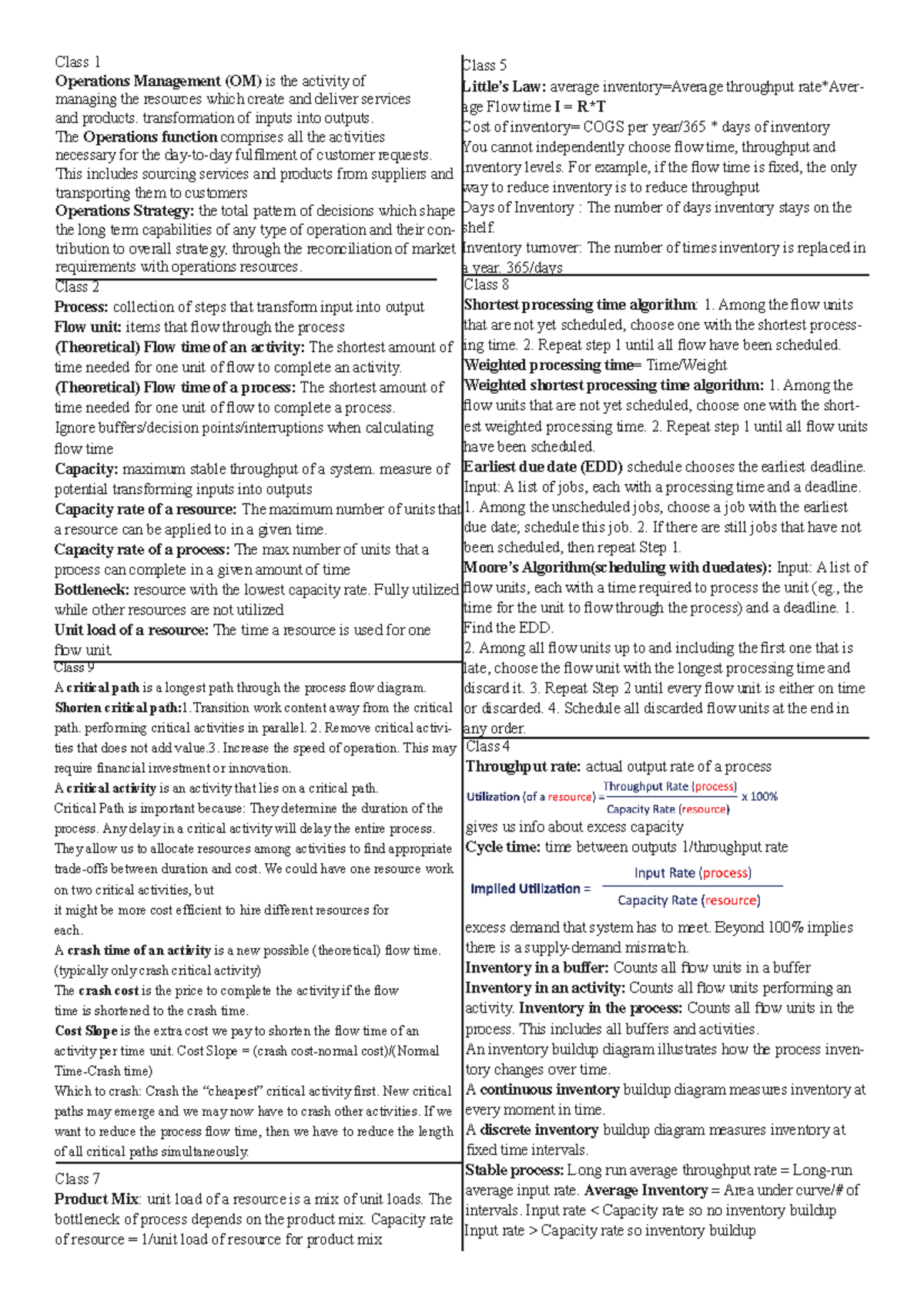 cheat sheet for oplog - Class 1 Operations Management (OM) is the ...