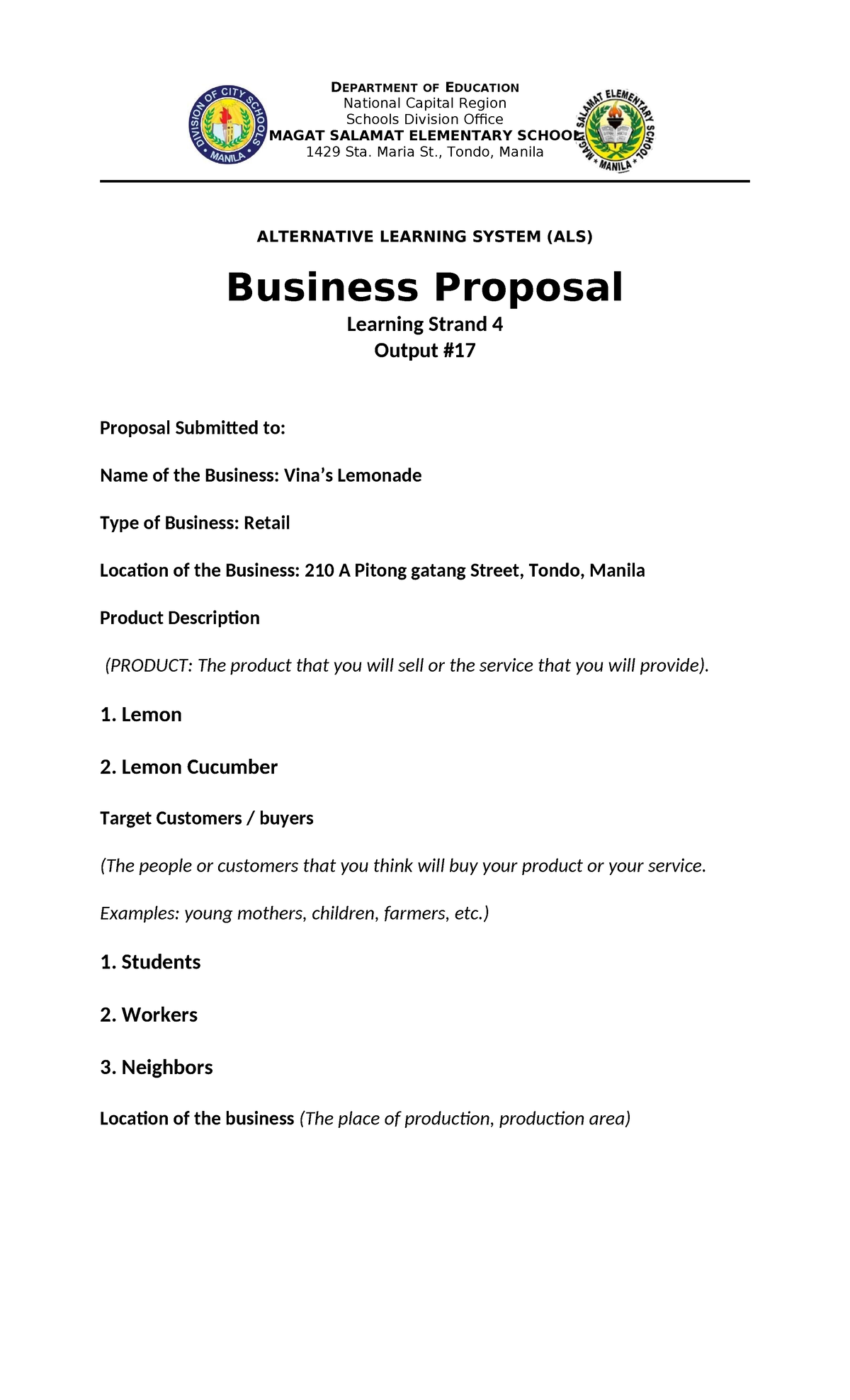 Business-proposal - DEPARTMENT OF EDUCATION National Capital Region ...