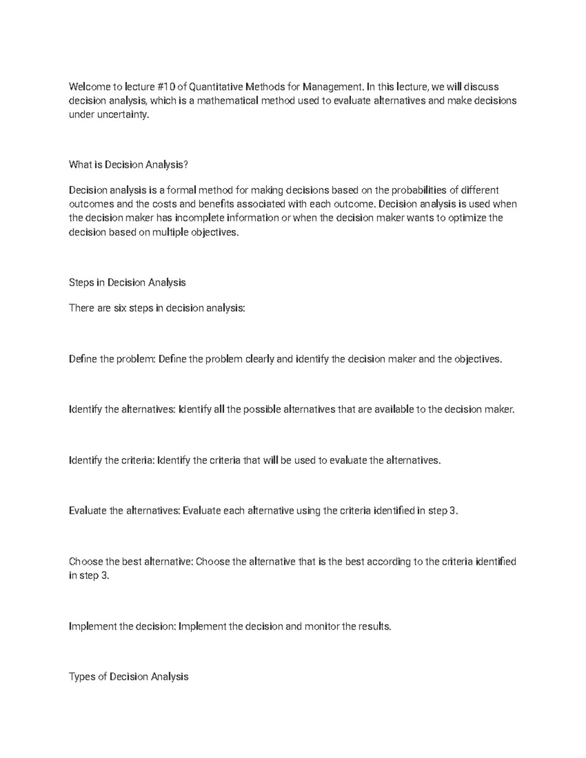 Lecture #10 Decision Analysis - Welcome to lecture #10 of Quantitative ...