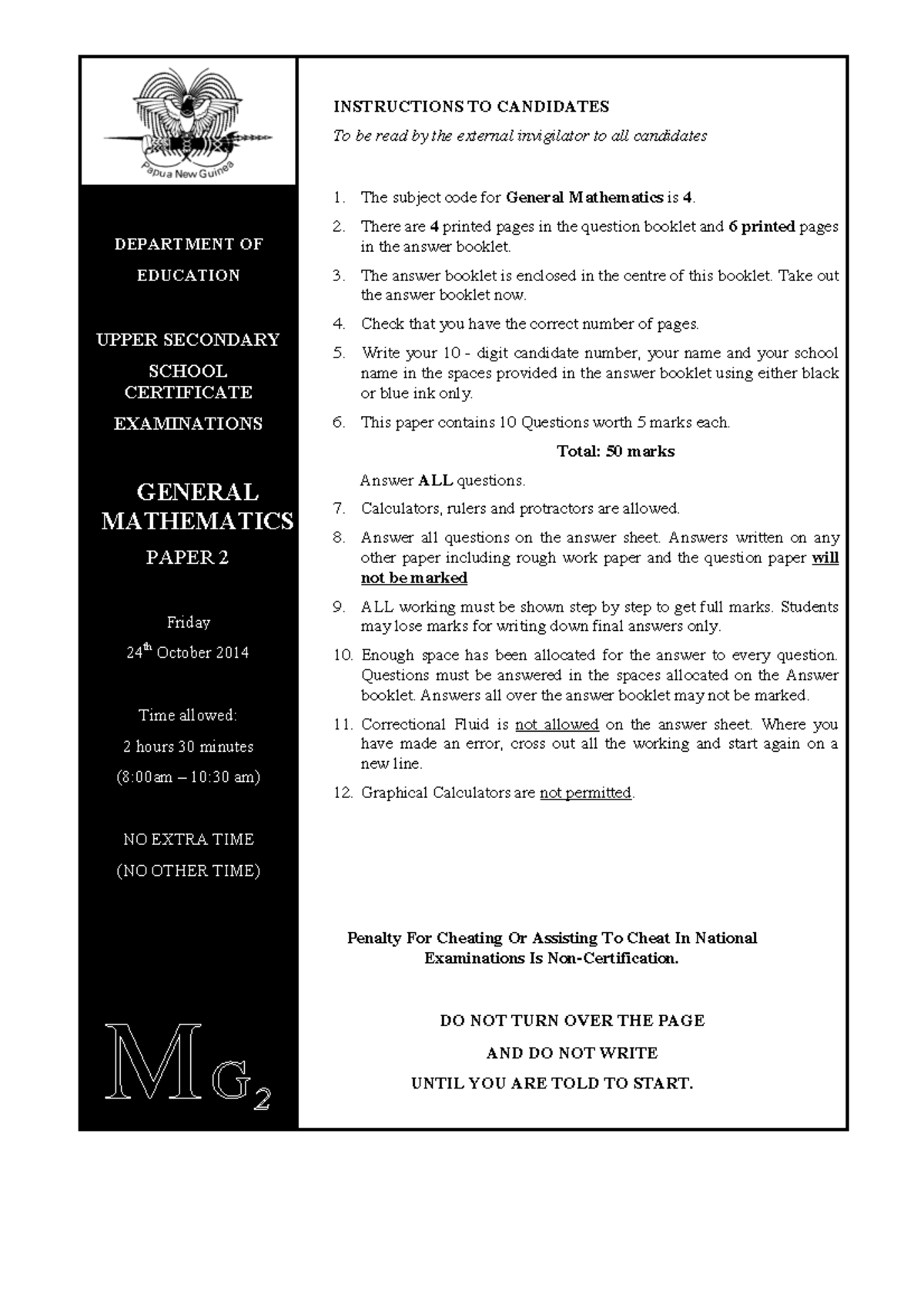 2014 GR12 Generalmathsexampaper 2 INSTRUCTIONS TO CANDIDATES To Be 2014-gr12-generalmathsexampaper-2-instructions-to-candidates-to-be