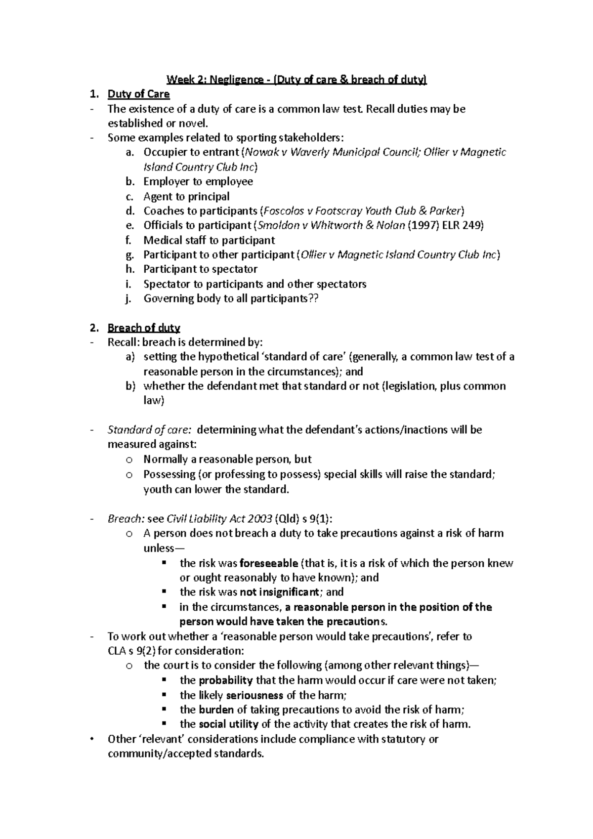 Sports Law - Lectures - Week 2: Negligence - (Duty of care & breach of ...