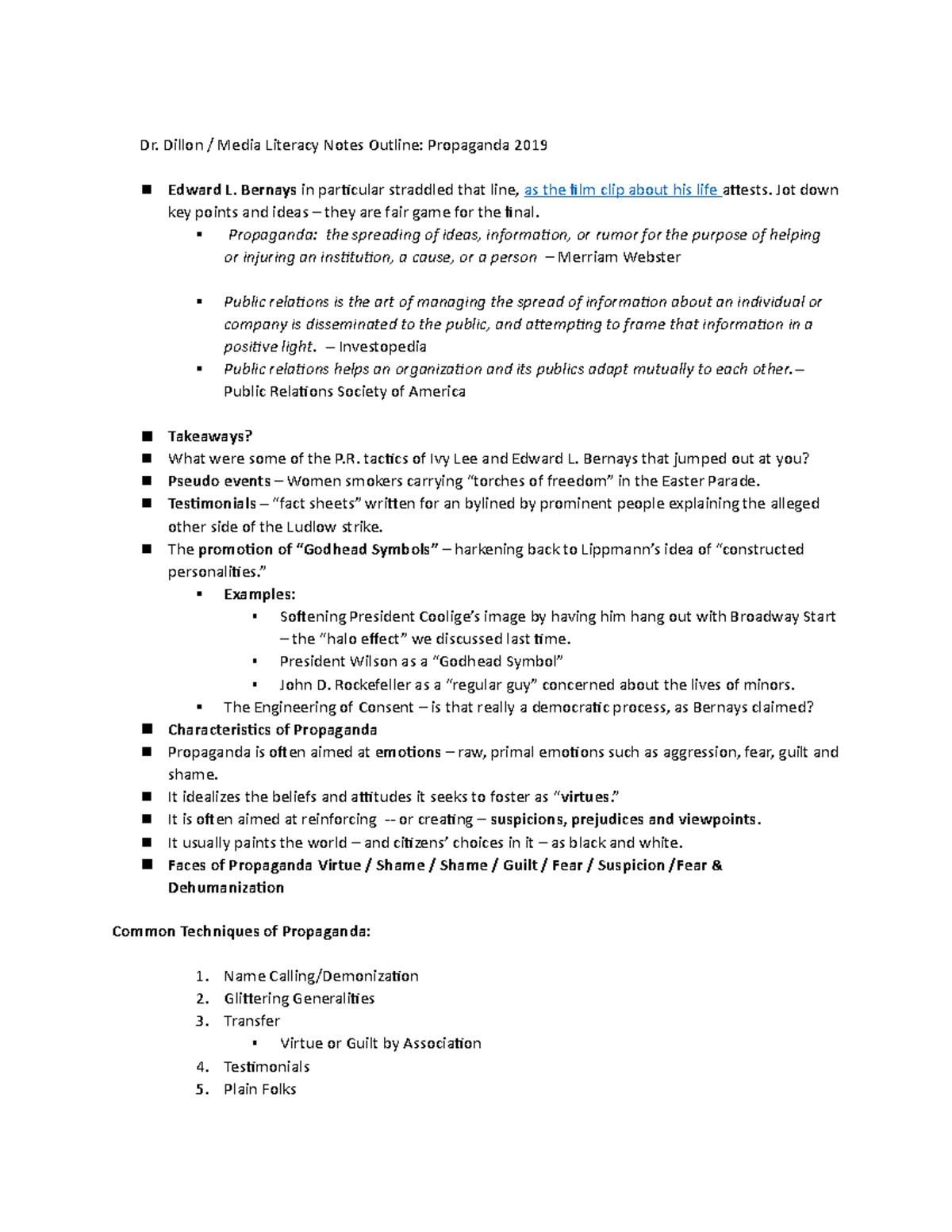 Propaganda Notes Outline (Revised 11-11-2019 ) - Dr. Dillon / Media ...