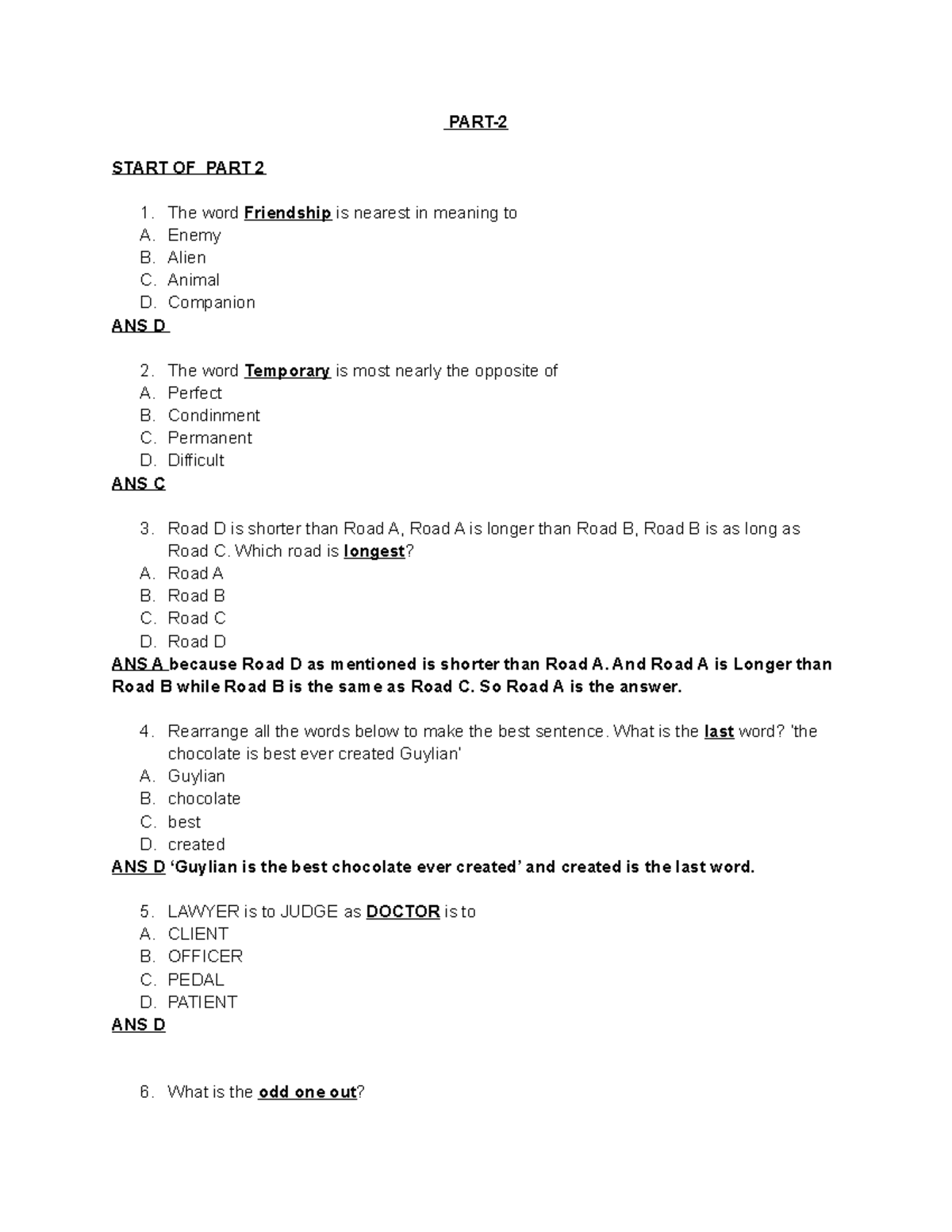 OC Test Paper 1 Part 2 With Answers - Reviewed - PART- START OF PART 2 ...