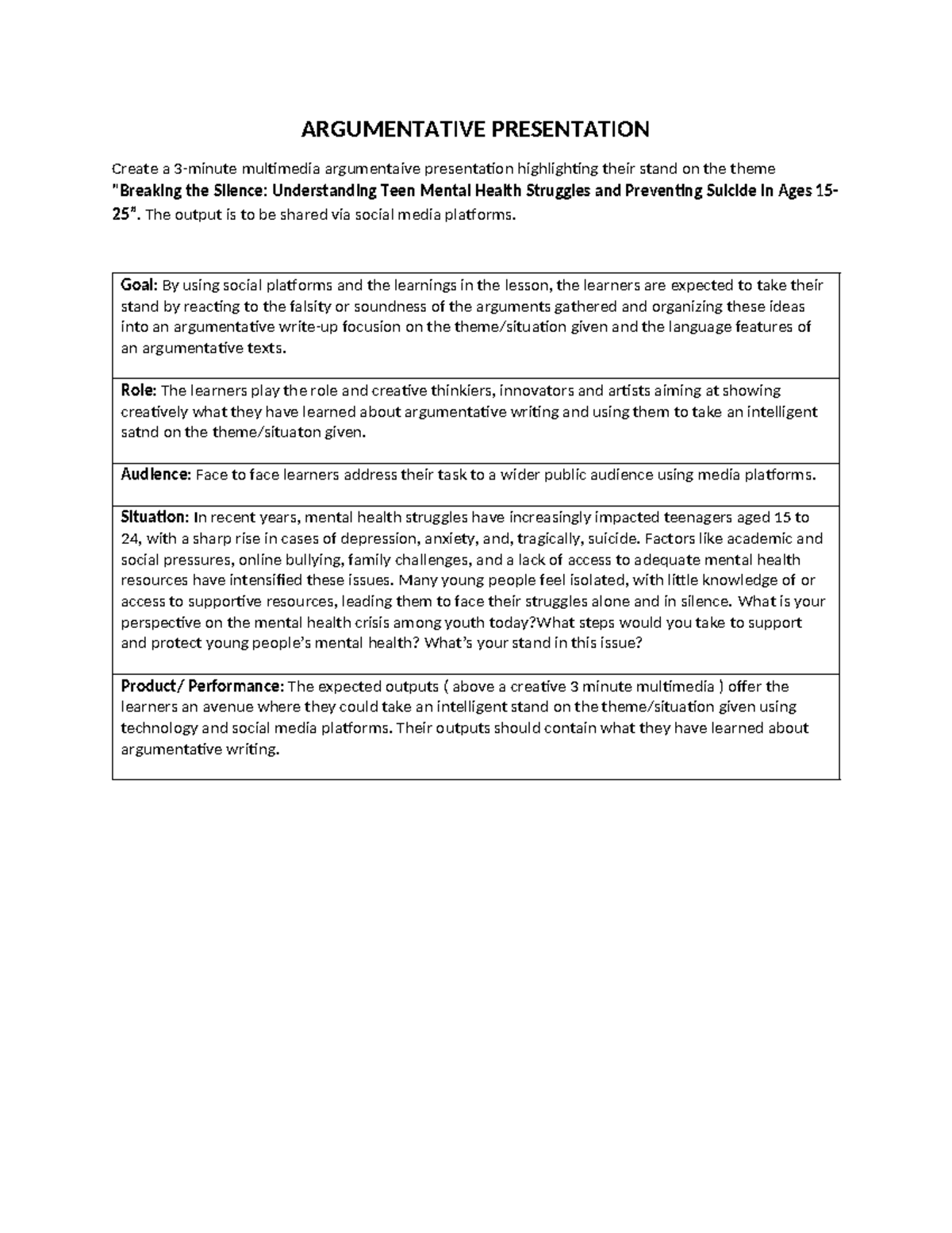 Argumentative Presentation - The output is to be shared via social ...