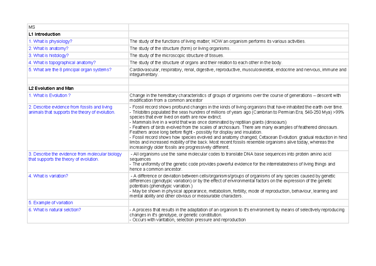 MS Anatomy and Physiology - MS L1 Introduction 1. What is physiology ...
