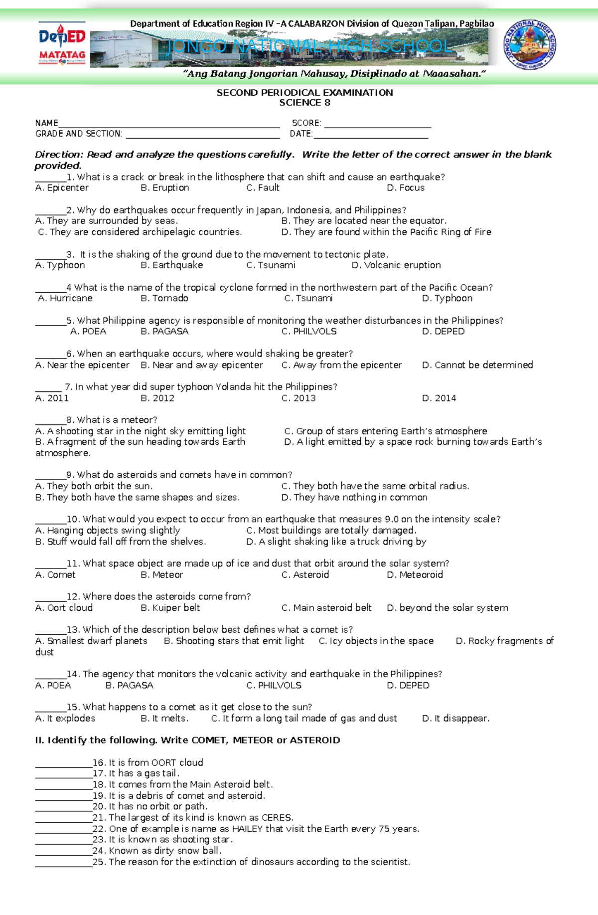 Remedial IN Science 8 - SECOND PERIODICAL EXAMINATION SCIENCE 8 - Studocu