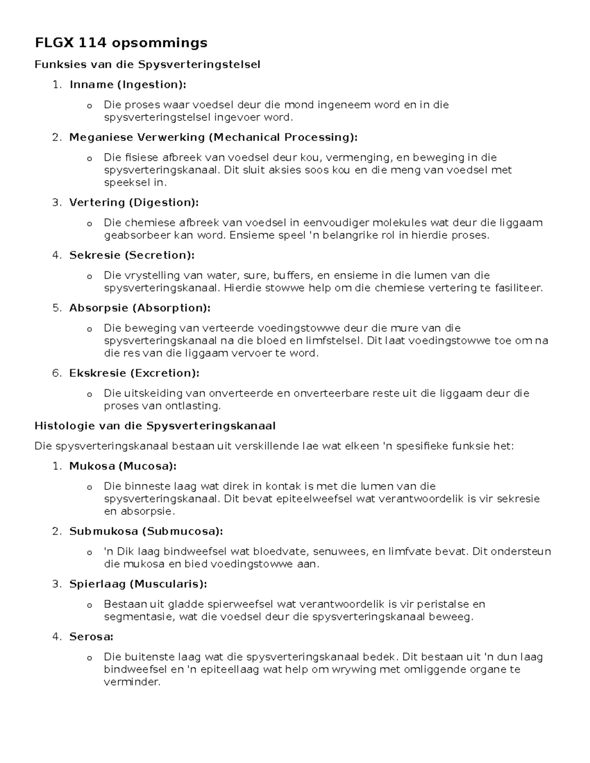 Introduction of Physiology summaries - FLGX 114 opsommings Funksies van ...