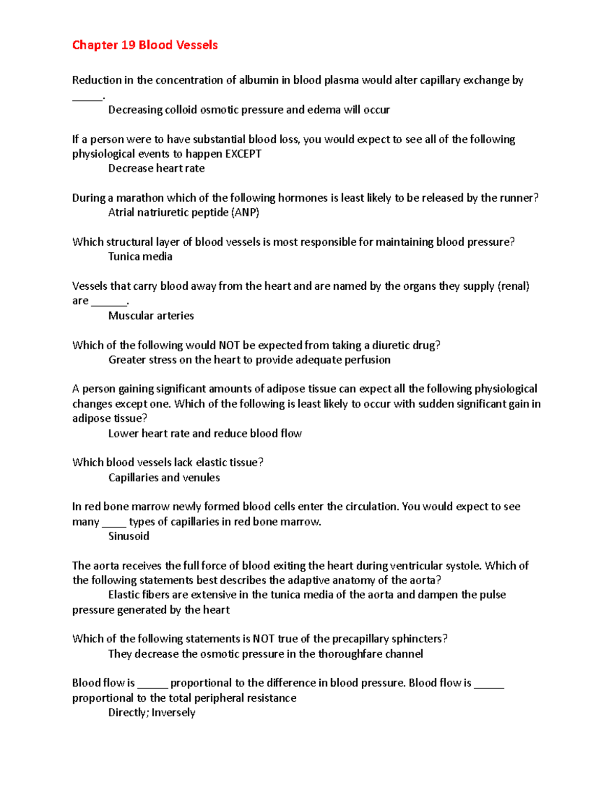 Chapter 19 Blood Vessels Review Questions - Reduction in the ...