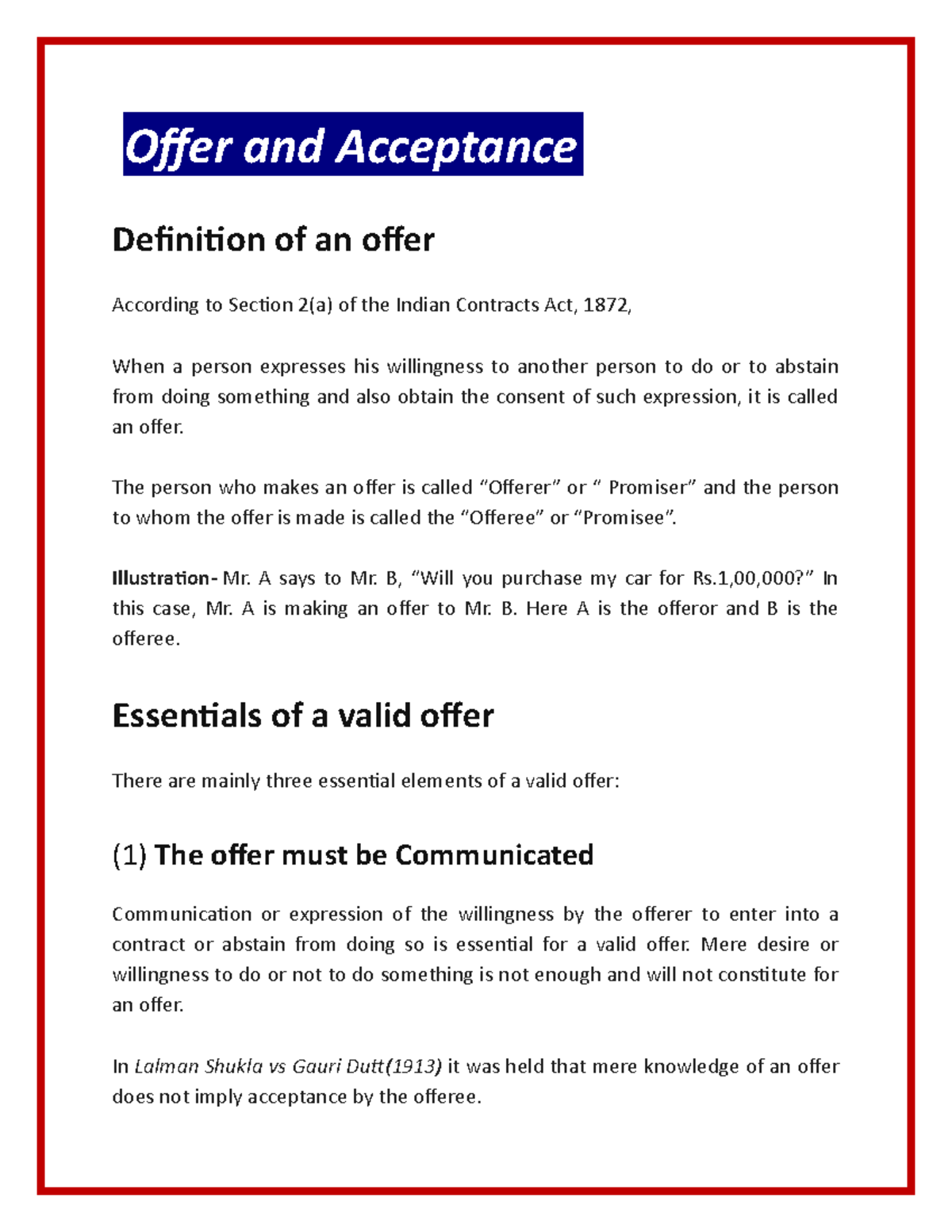 Offer And Acceptance Lecture From Contract Bare Act Offer And