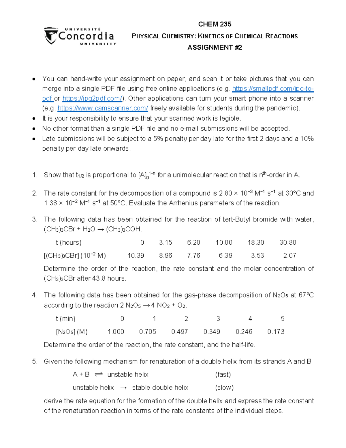 CHEM 235 Fall 2020 Assignment 2 - CHEM 235 PHYSICAL CHEMISTRY: KINETICS ...