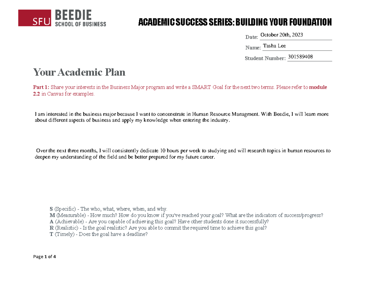 BUS 100 - Academic Plan1 - Date: __________________________ Name