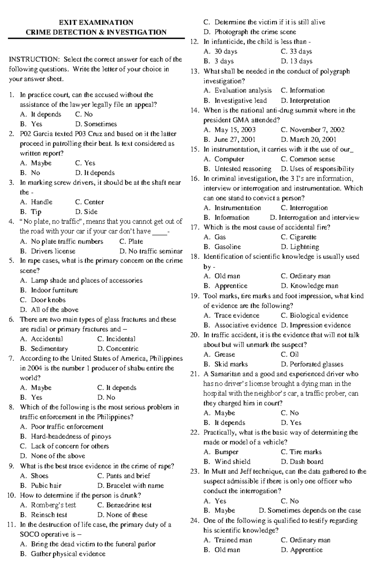 Cdi Without Answer Questions Kn Cdi Exit Examination Crime