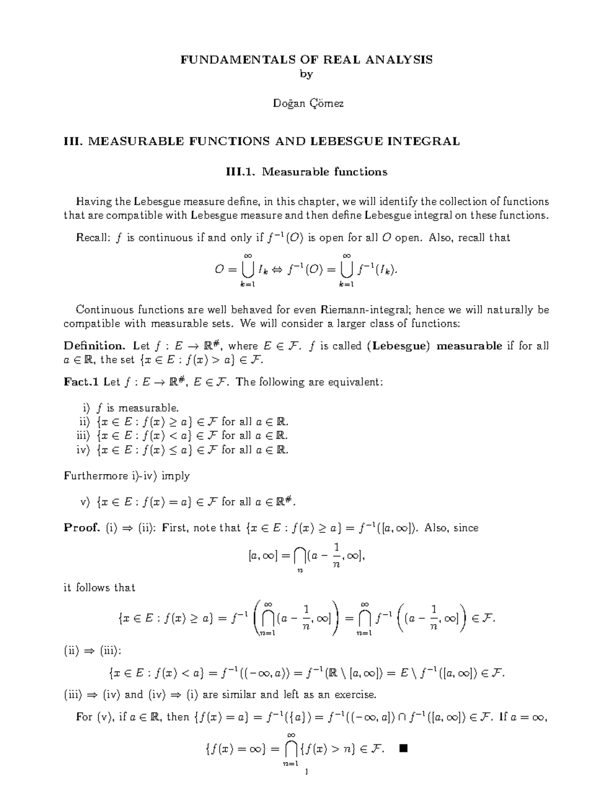 Math 750 - Lec 3 Notes - FUNDAMENTALS OF REAL ANALYSIS by Do˘gan C ...
