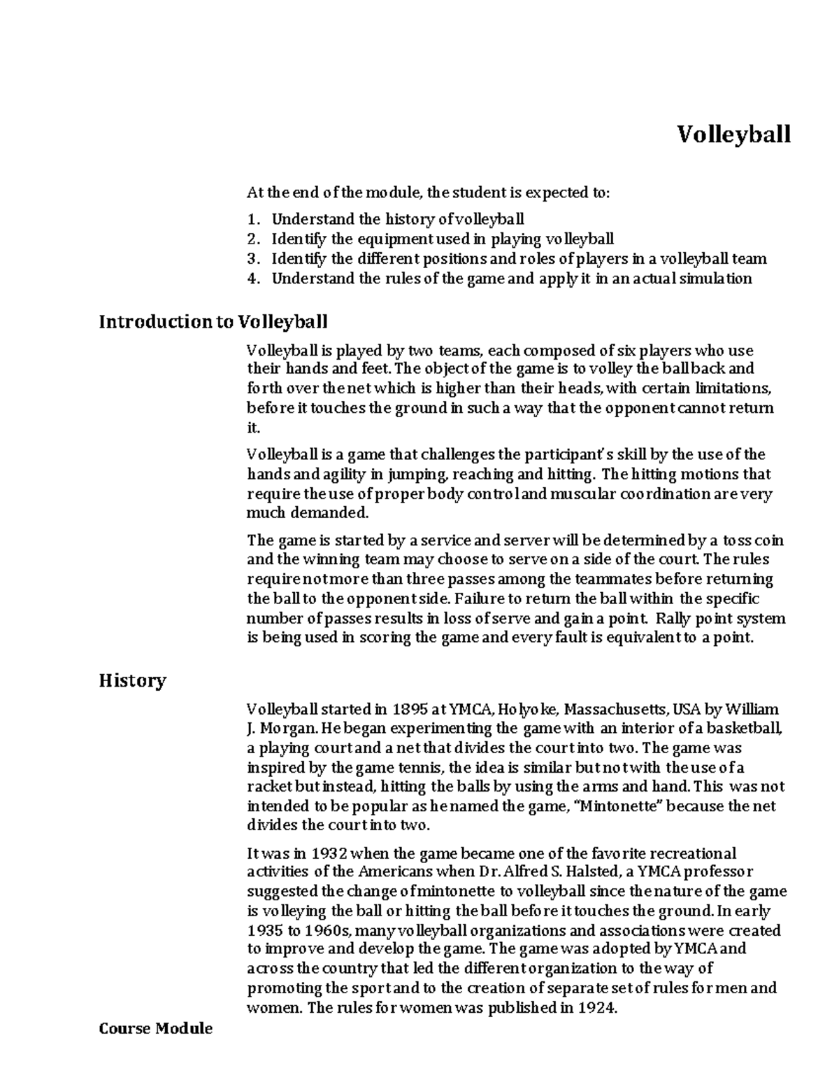W1-Module 1-Volleyball - Course Module Volleyball At the end of the ...