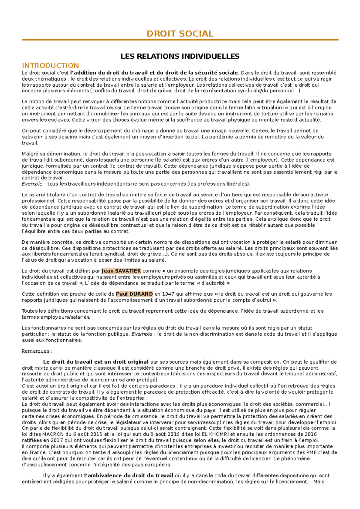 Cours de droit social - DROIT SOCIAL LES RELATIONS INDIVIDUELLES ...