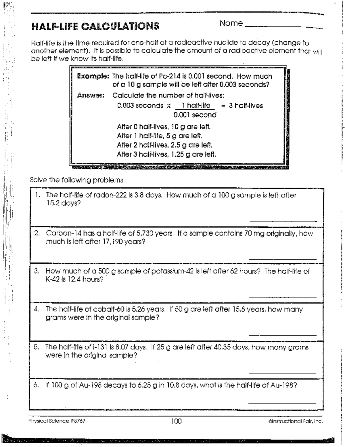 Half life calculations instuctional fair worksheet - CALCULATIONS Name ...